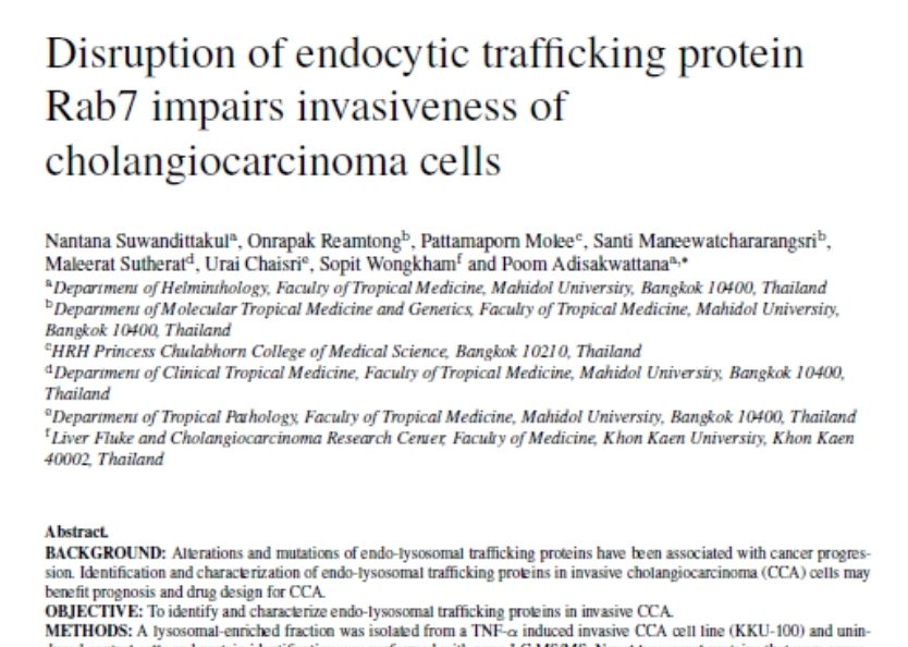 Disruption of endocytic trafficking protein Rab7 impairs invasiveness of cholangiocarcinoma cell ...